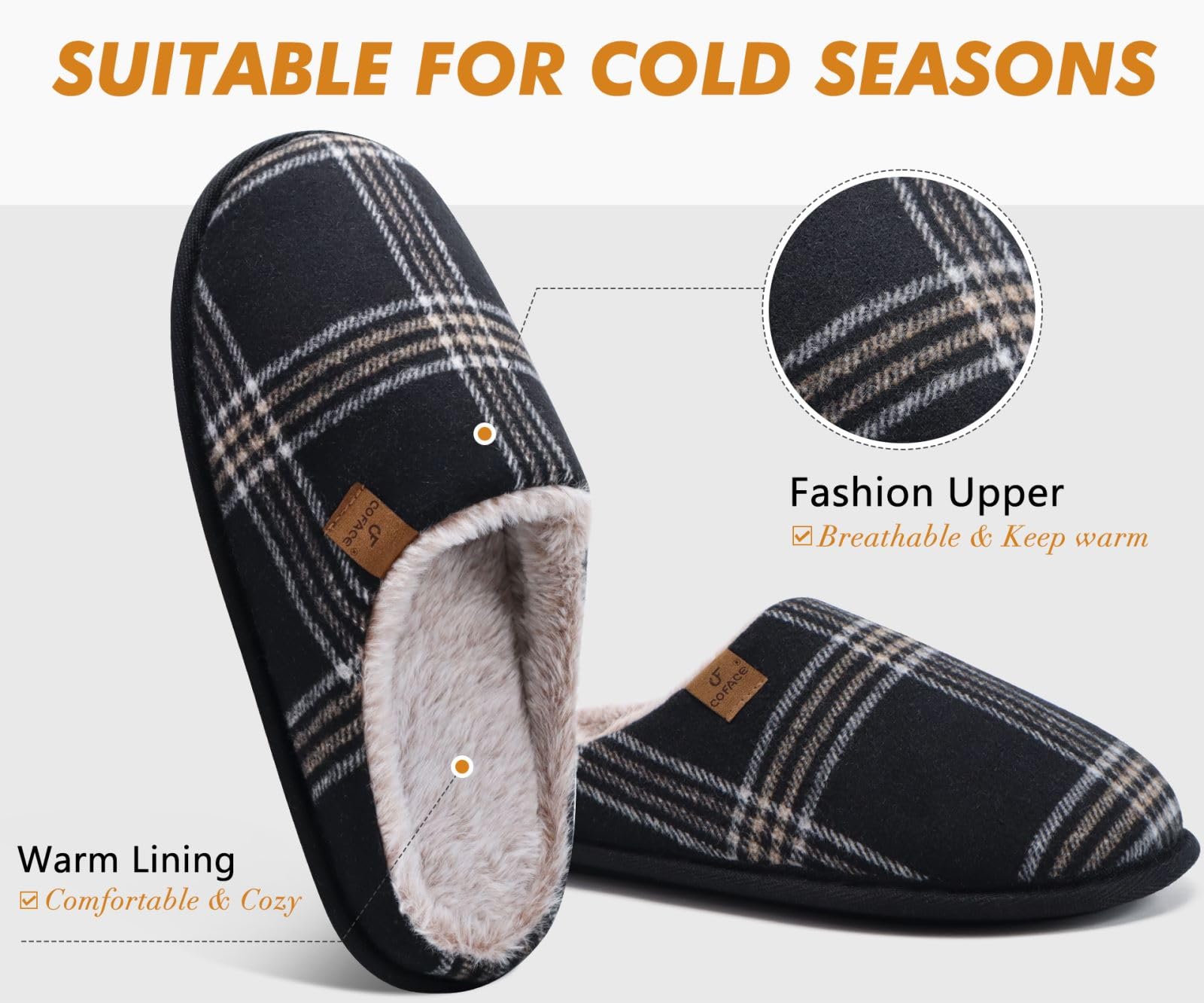 COFACE Mens Black Flano Plaid Cozy Memory Foam scuff Slippers Slip On Warm House Shoes Indoor/Outdoor With Best Arch Support Size 9