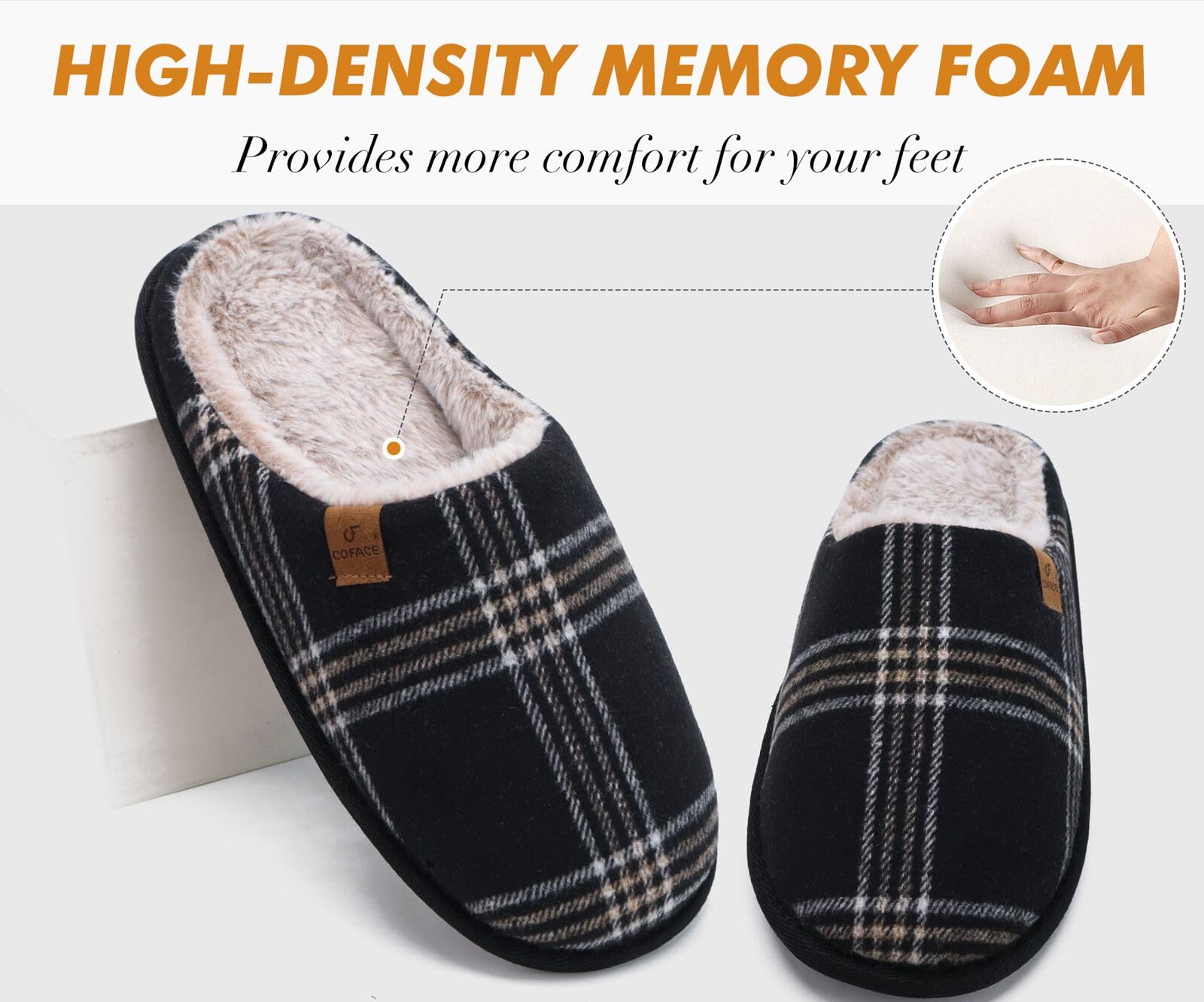 COFACE Mens Black Flano Plaid Cozy Memory Foam scuff Slippers Slip On Warm House Shoes Indoor/Outdoor With Best Arch Support Size 9
