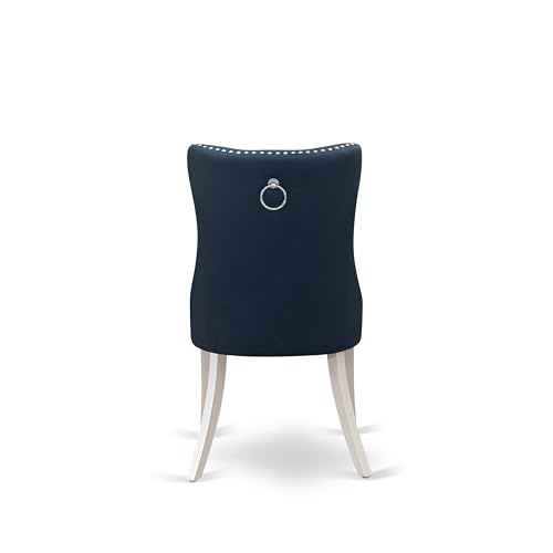 East West Furniture DAP2F29 Dallas Parson Chairs - Button Tufted Nailhead Navy Blue Polyester Fabric Padded Dining Chairs, Set of 2, Linen White
