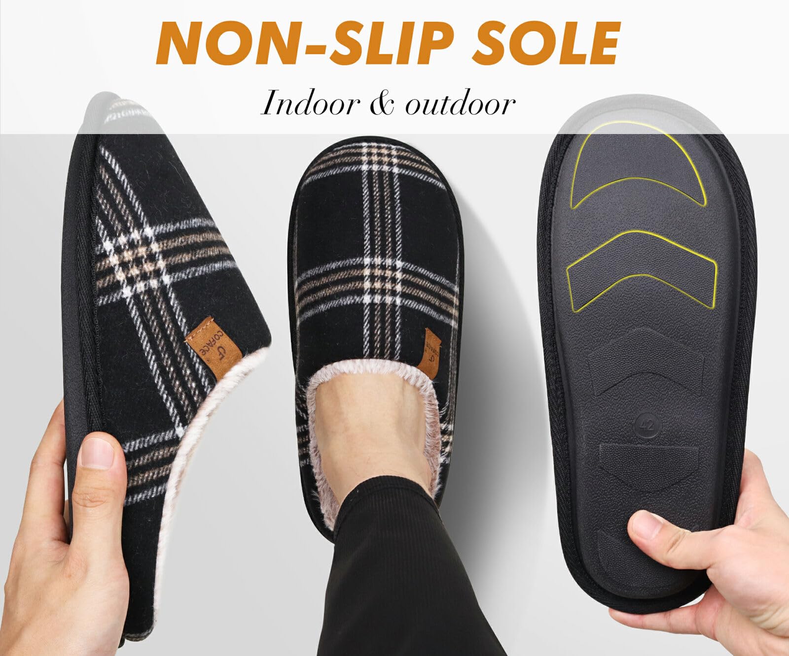 COFACE Mens Black Flano Plaid Cozy Memory Foam scuff Slippers Slip On Warm House Shoes Indoor/Outdoor With Best Arch Support Size 9