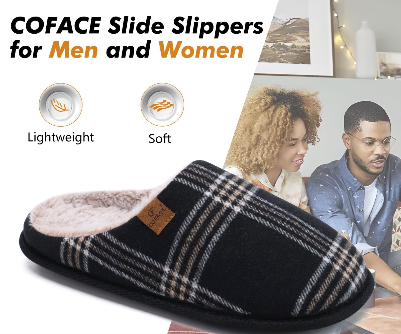 COFACE Mens Black Flano Plaid Cozy Memory Foam scuff Slippers Slip On Warm House Shoes Indoor/Outdoor With Best Arch Support Size 9