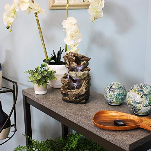 Sunnydaze Indoor Electric Tabletop Fountain with LED Lights - Decorative Tiered Rock and Log Waterfall Design - Quiet and Soothing Water Sound - Small 10.5 Inch Desktop Size