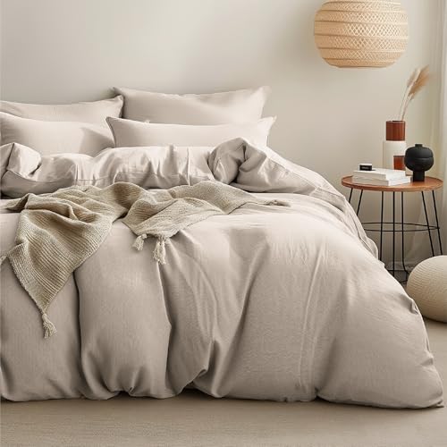 Bedsure 100% Jersey Knit Cotton Duvet Cover Queen Size - Ultra Soft T-Shirt Cotton Bedding Set, Includes 1 Duvet Cover 90x90 Inches with Zipper Closure & 2 Pillowcases (Tannish Linen)