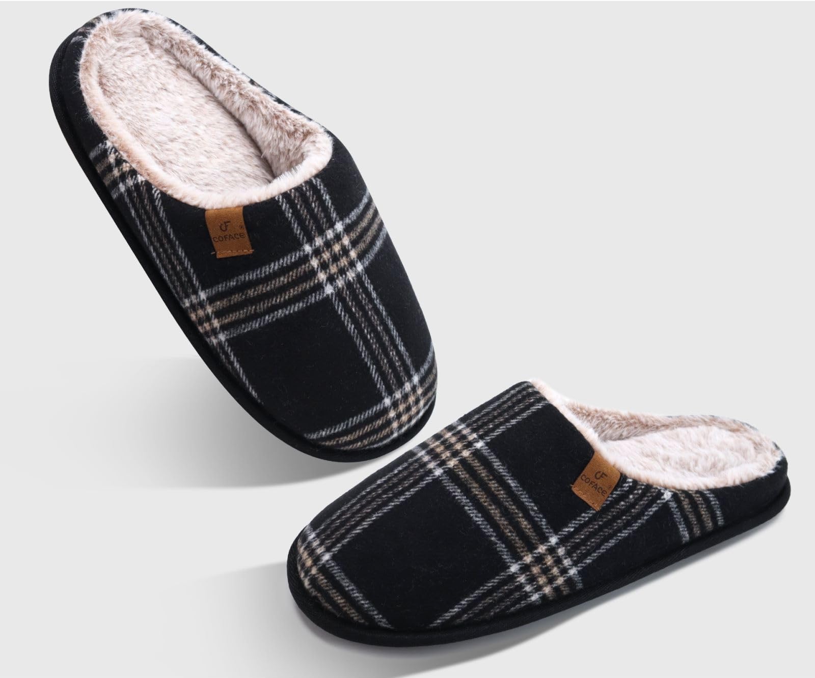 COFACE Mens Black Flano Plaid Cozy Memory Foam scuff Slippers Slip On Warm House Shoes Indoor/Outdoor With Best Arch Support Size 9