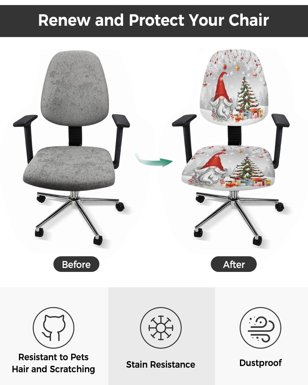 Christmas Pine Office Chair Cover Stretchable Computer Chair Seat Cover Backrest Slipcovers, Stretchable Rotating Desk Chair Seat Cushion Split Protectors Silver Branch Leaves Gnomes Tree Balls