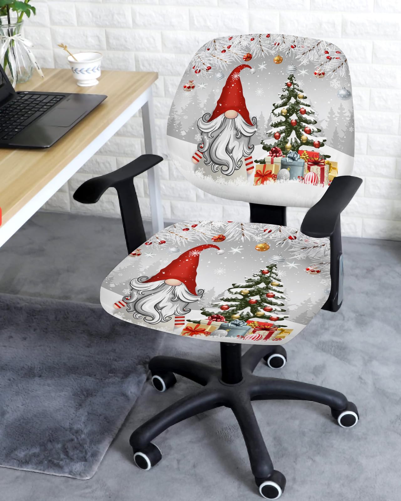 Christmas Pine Office Chair Cover Stretchable Computer Chair Seat Cover Backrest Slipcovers, Stretchable Rotating Desk Chair Seat Cushion Split Protectors Silver Branch Leaves Gnomes Tree Balls