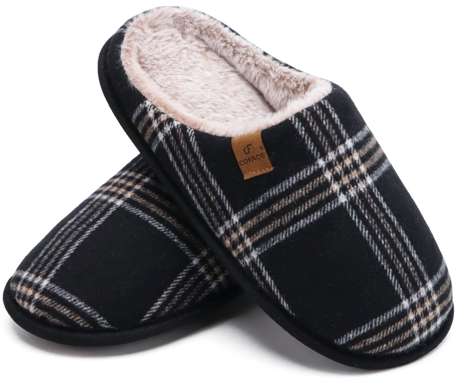 COFACE Mens Black Flano Plaid Cozy Memory Foam scuff Slippers Slip On Warm House Shoes Indoor/Outdoor With Best Arch Support Size 9