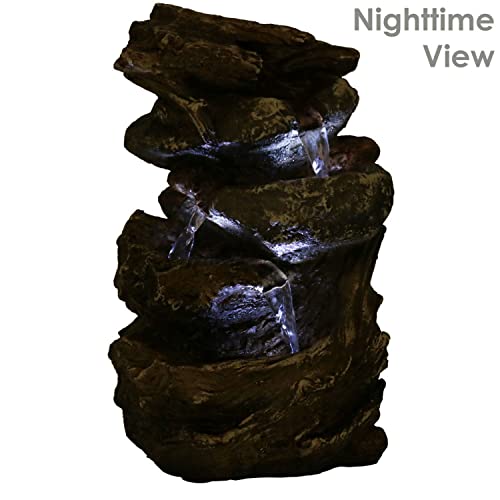 Sunnydaze Indoor Electric Tabletop Fountain with LED Lights - Decorative Tiered Rock and Log Waterfall Design - Quiet and Soothing Water Sound - Small 10.5 Inch Desktop Size