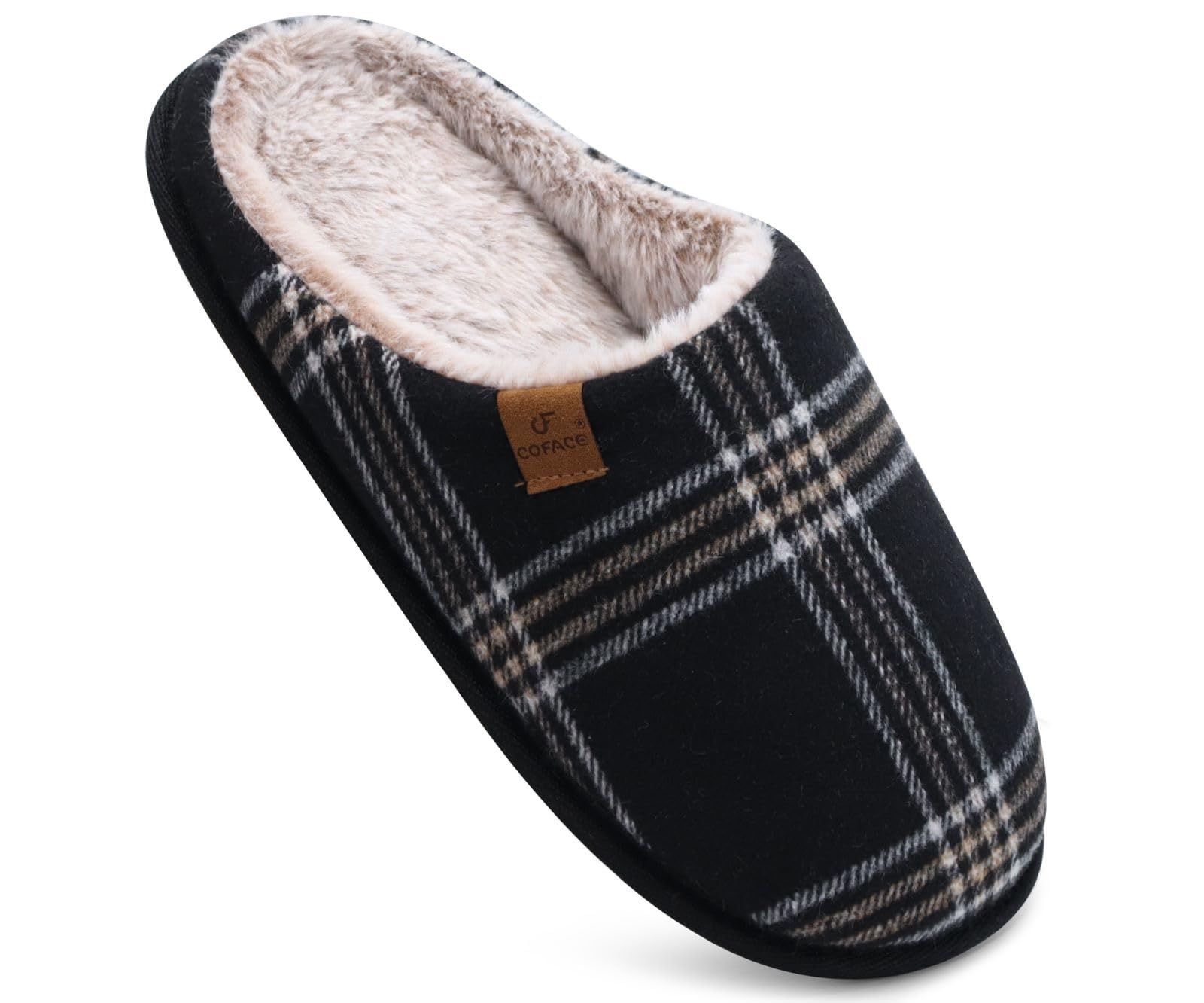 COFACE Mens Black Flano Plaid Cozy Memory Foam scuff Slippers Slip On Warm House Shoes Indoor/Outdoor With Best Arch Support Size 9