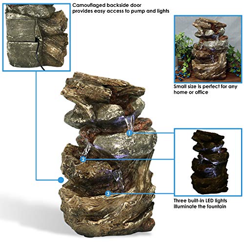 Sunnydaze Indoor Electric Tabletop Fountain with LED Lights - Decorative Tiered Rock and Log Waterfall Design - Quiet and Soothing Water Sound - Small 10.5 Inch Desktop Size