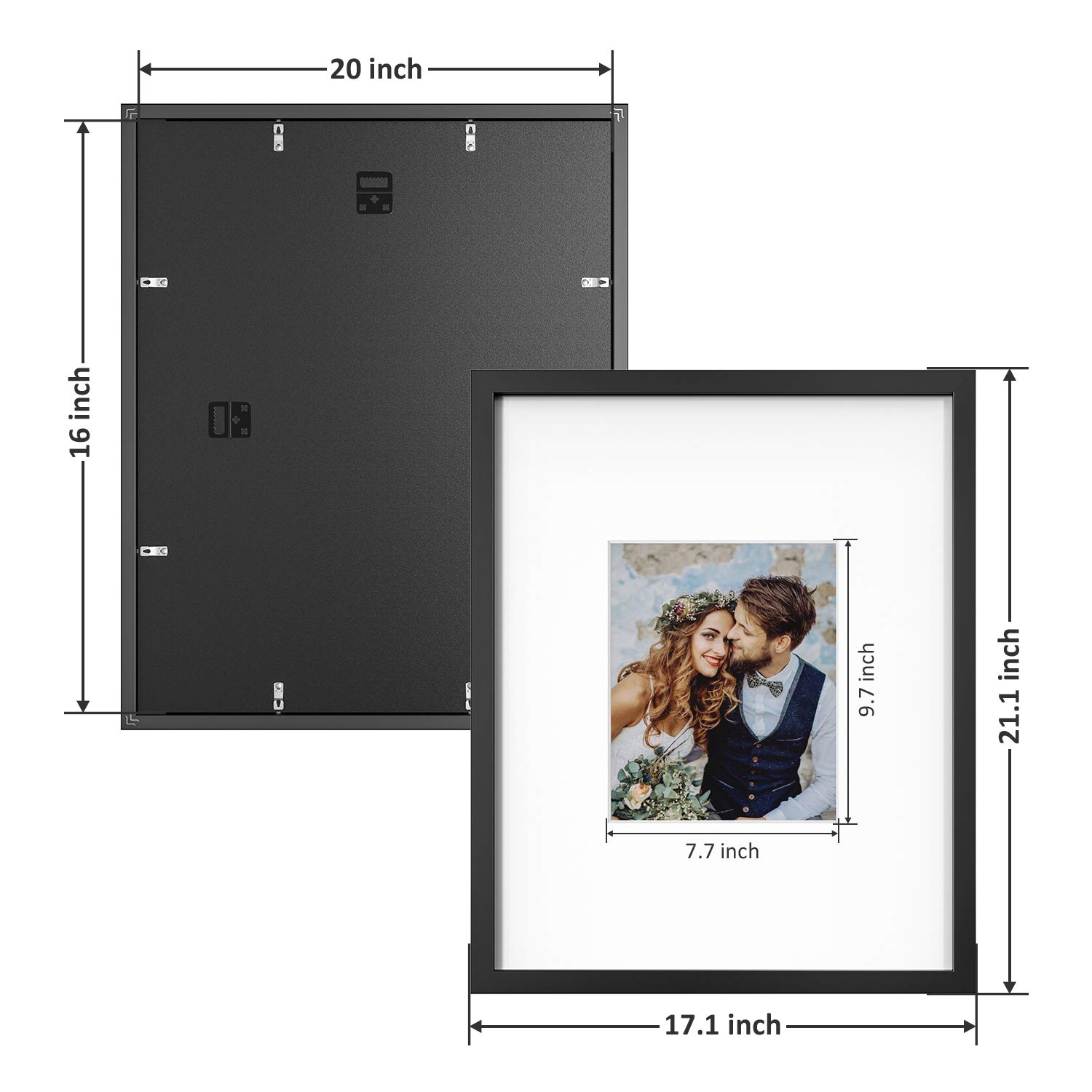ONE WALL Tempered Glass 16x20 Signature Picture Frame with White Mat Display 8x10 Photo for Wedding, Celebrations and Graduation, Black Wood Frame for Wall Hanging - Mounting Hardware Included