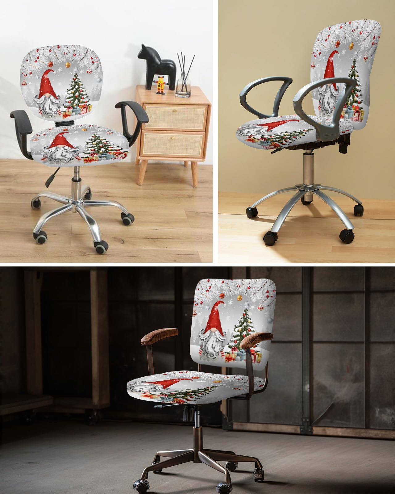 Christmas Pine Office Chair Cover Stretchable Computer Chair Seat Cover Backrest Slipcovers, Stretchable Rotating Desk Chair Seat Cushion Split Protectors Silver Branch Leaves Gnomes Tree Balls