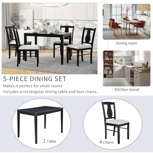 THINK 30 5-Piece Kitchen Dining Table Set, 48” Compact Table & Chair Set for Home, Dinning Room, 2-4 Person, Space Saving Wooden Rectangular Dining Table and 4 Upholstered Chairs-Black