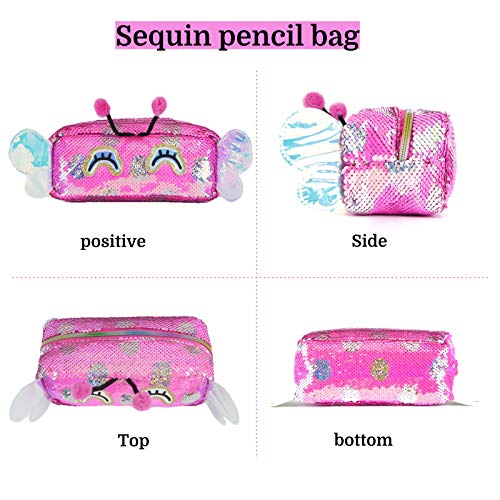 Cute Pencil Case for Kids & Sequin Cosmetic Brush Bag for Women,Reversible Glitter Handbag Makeup Organizer Purse,Travel Storage Pouch (Rose Red Butterfly)