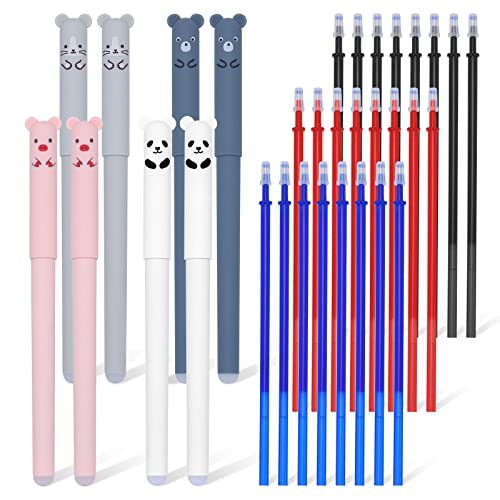PAFUWEI 32pcs-8 Pens 24 Refills Black Blue Red Erasable Pens, Cartoon Panda Animal Pattern Erasable Ballpoint Pen Erasable Gel Pens Rub Out Pens for Kids Student