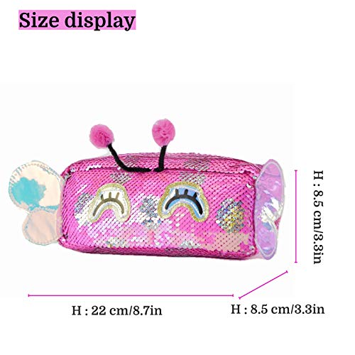 Cute Pencil Case for Kids & Sequin Cosmetic Brush Bag for Women,Reversible Glitter Handbag Makeup Organizer Purse,Travel Storage Pouch (Rose Red Butterfly)