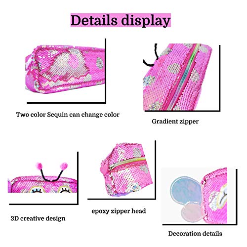 Cute Pencil Case for Kids & Sequin Cosmetic Brush Bag for Women,Reversible Glitter Handbag Makeup Organizer Purse,Travel Storage Pouch (Rose Red Butterfly)
