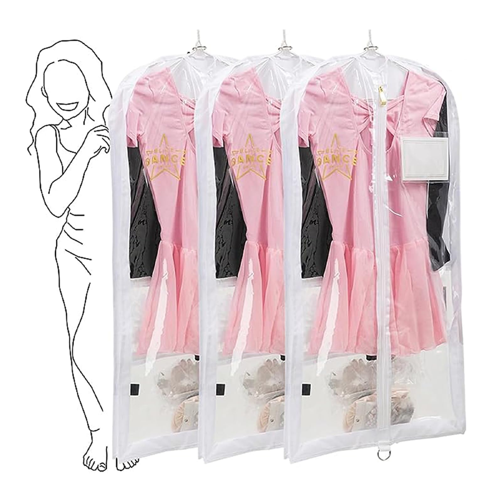 Elite Dance Gear 35" Clear Garment Bag With 3 Zipper Pockets for Suits Dress Cover, Travel & Competitions Protector, Dance Costumes, Girls Dress Recital Outfit Organizer, 3 packs, White