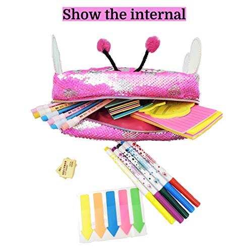 Cute Pencil Case for Kids & Sequin Cosmetic Brush Bag for Women,Reversible Glitter Handbag Makeup Organizer Purse,Travel Storage Pouch (Rose Red Butterfly)