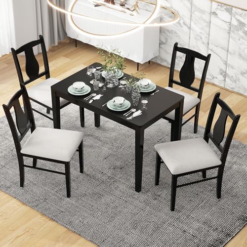 THINK 30 5-Piece Kitchen Dining Table Set, 48â Compact Table & Chair Set for Home, Dinning Room, 2-4 Person, Space Saving Wooden Rectangular Dining Table and 4 Upholstered Chairs-Black