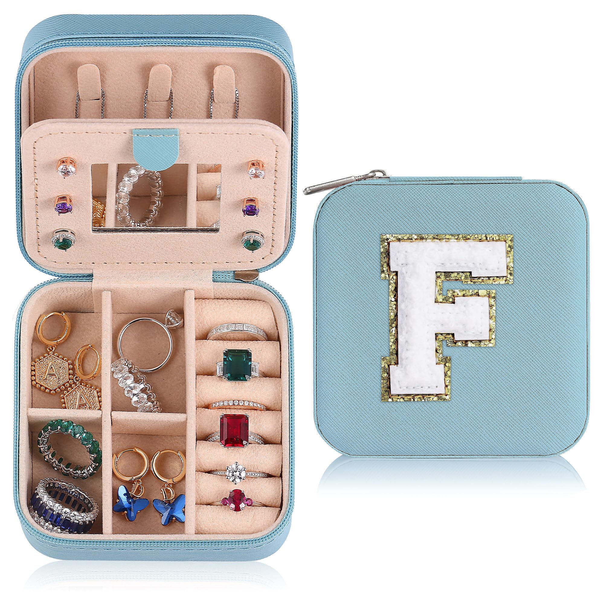 Parima Christmas Gifts for Mom - Small Travel Jewelry Box, Travel Jewelry Case with Mirror for Necklace Earrings Rings Organizer | Birthday Gifts Christmas Travel Gifts for Mom - Letter F, Sky Blue
