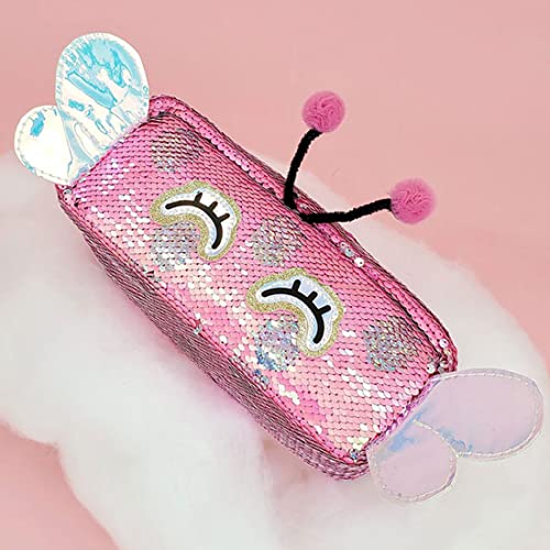 Cute Pencil Case for Kids & Sequin Cosmetic Brush Bag for Women,Reversible Glitter Handbag Makeup Organizer Purse,Travel Storage Pouch (Rose Red Butterfly)
