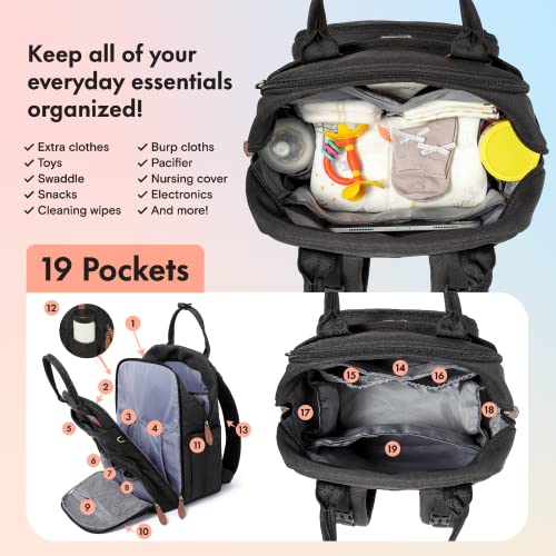 Dikaslon Diaper Bag Backpack with Portable Changing Pad, Pacifier Case and Stroller Straps, Large Unisex Baby Bags for Boys Girls, Multipurpose Travel Back Pack for Moms Dads, Black