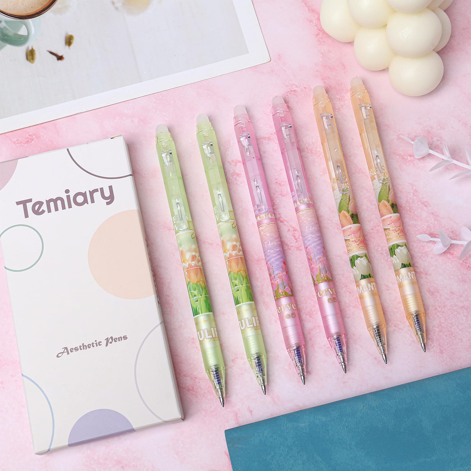 Temiary 12Pcs Cute Erasable Gel Pens, Make Mistakes Disappear, 0.5mm Fine Point Smooth Writing for Planner, Blue and Black Ink Pen No Smudge for School Office Supplies (Romantic)