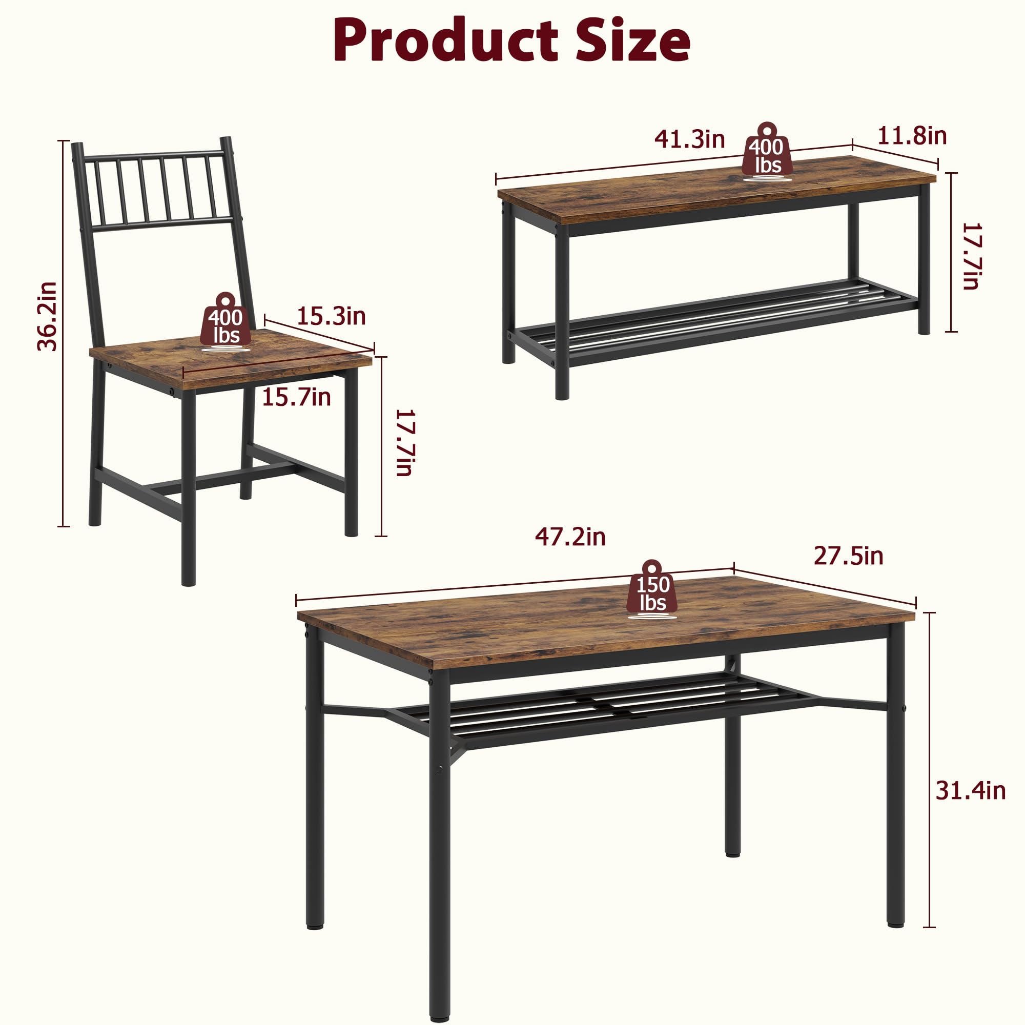 IDEALHOUSE Dining Table Set for 4, Kitchen Table and 2 Chairs with Storage Bench, 47.2" Rectangular Kitchen Table Set with Wine Rack, Dining Room Table Set for Small Space, Apartment, Rustic Brown