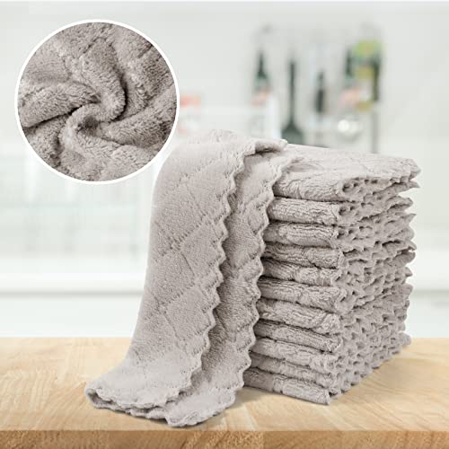 UMANI 12 Pack Kitchen Dish Cloths, Ultra Soft Absorbent Quick Drying Dish Towels, Nonstick Oil Microfiber Cleaning Cloth, Machine Washable Coral Fleece Cleaning Rags (Grey)