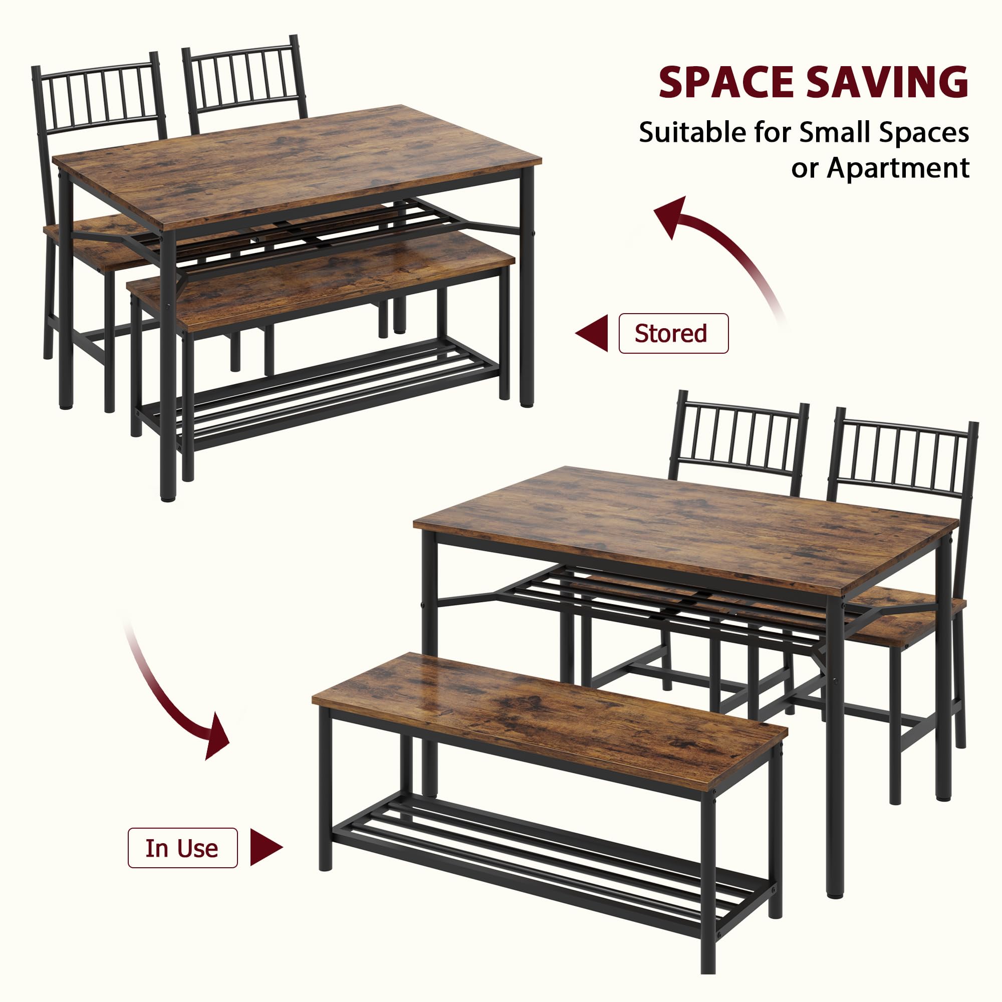 IDEALHOUSE Dining Table Set for 4, Kitchen Table and 2 Chairs with Storage Bench, 47.2" Rectangular Kitchen Table Set with Wine Rack, Dining Room Table Set for Small Space, Apartment, Rustic Brown