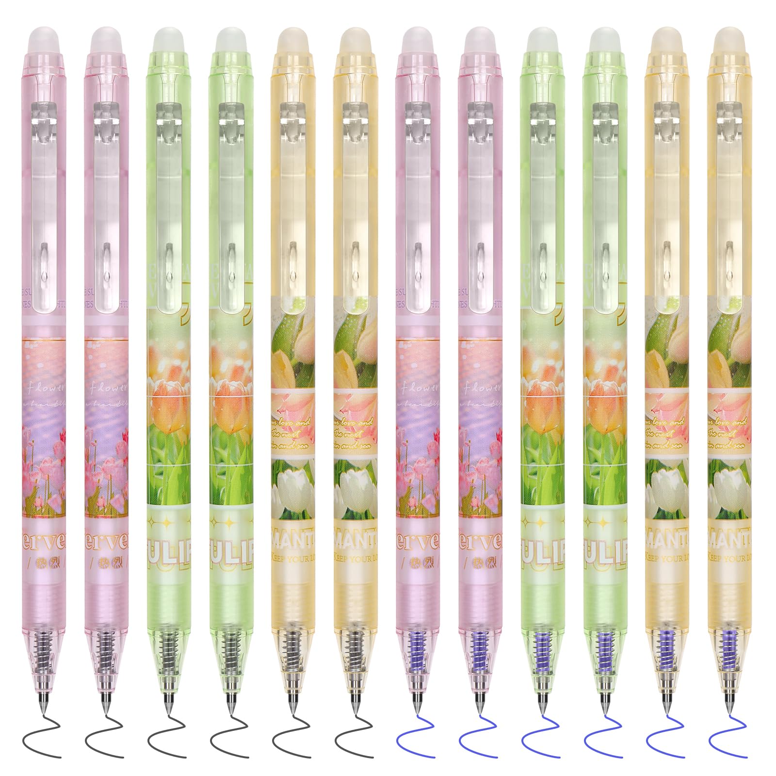 Temiary 12Pcs Cute Erasable Gel Pens, Make Mistakes Disappear, 0.5mm Fine Point Smooth Writing for Planner, Blue and Black Ink Pen No Smudge for School Office Supplies (Romantic)