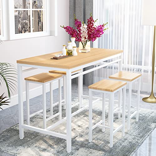 AWQM 5 Piece Bar Table Set, Modern Counter Height Dining Table and Chairs Set for 4, Wood Kitchen Table and 4 Bar Stools for Small Spaces, Apartment, Pub, Dining Room, Beige