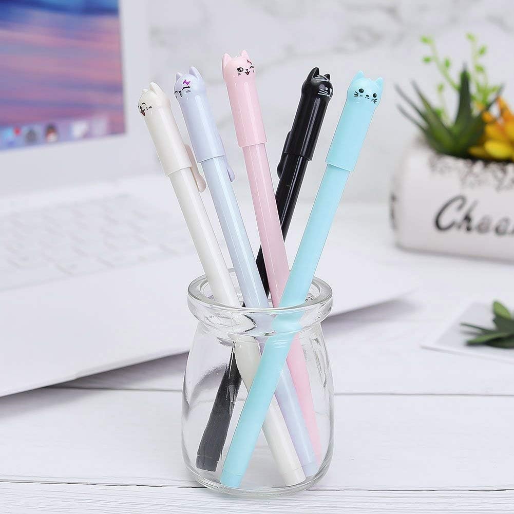 Sencoo 12 Pack Erasable Gel Pens - Black, Cute, Kawaii Cat Pens with Ultra Fine 0.5 mm Point