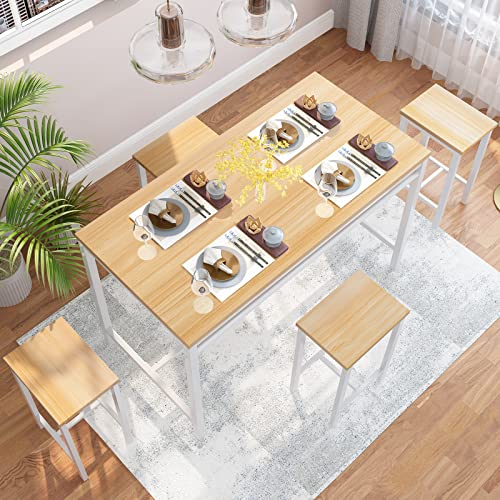 AWQM 5 Piece Bar Table Set, Modern Counter Height Dining Table and Chairs Set for 4, Wood Kitchen Table and 4 Bar Stools for Small Spaces, Apartment, Pub, Dining Room, Beige