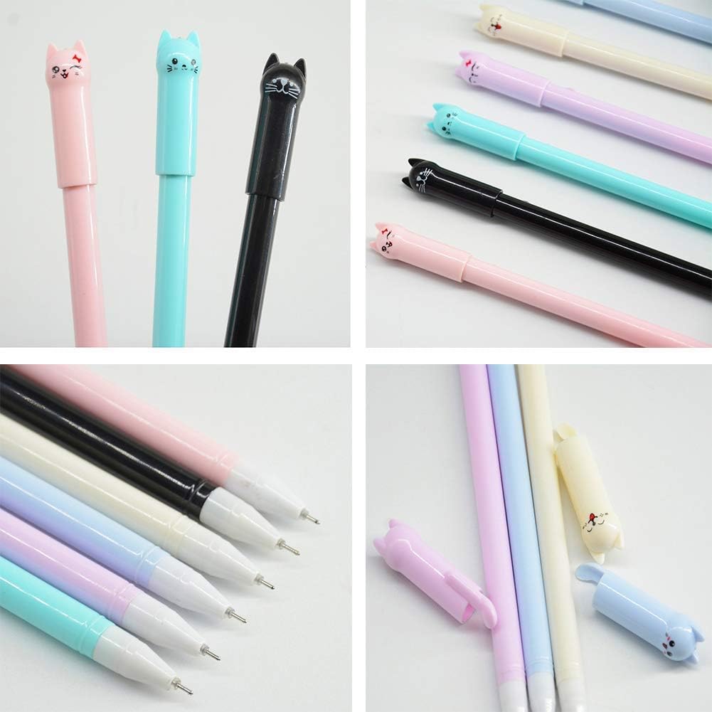 Sencoo 12 Pack Erasable Gel Pens - Black, Cute, Kawaii Cat Pens with Ultra Fine 0.5 mm Point