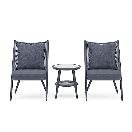24/7 Shop at Home Finegan Mid-Century Modern Aluminum 3-Piece Bistro Set with Removable Cushions for Outdoor Kitchen, Patio, Pool Area, Gray