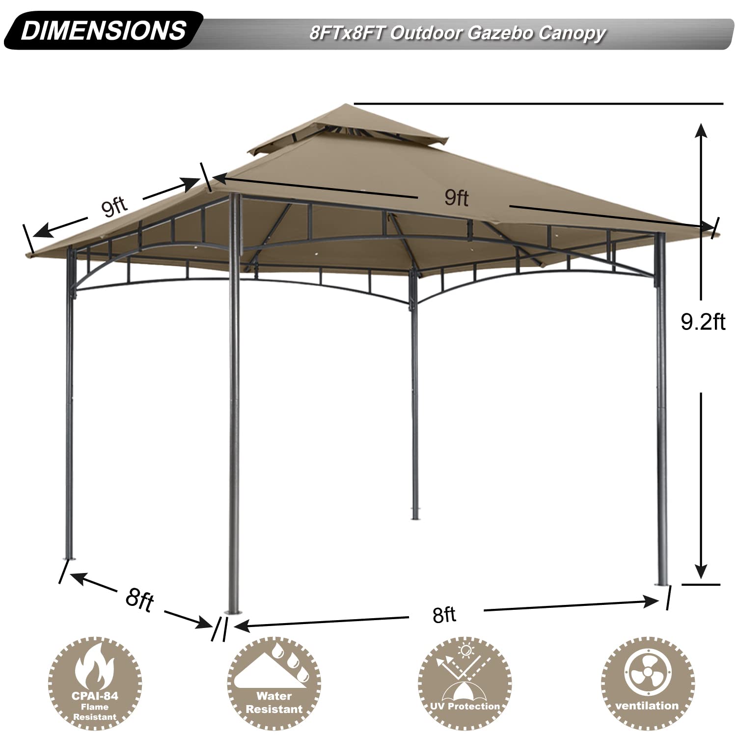 ABCCANOPY Gazebos for Patios 10x10 - Outdoor Steel Frame Gazebo for Lawn Backyard Garden Deck (Khaki)