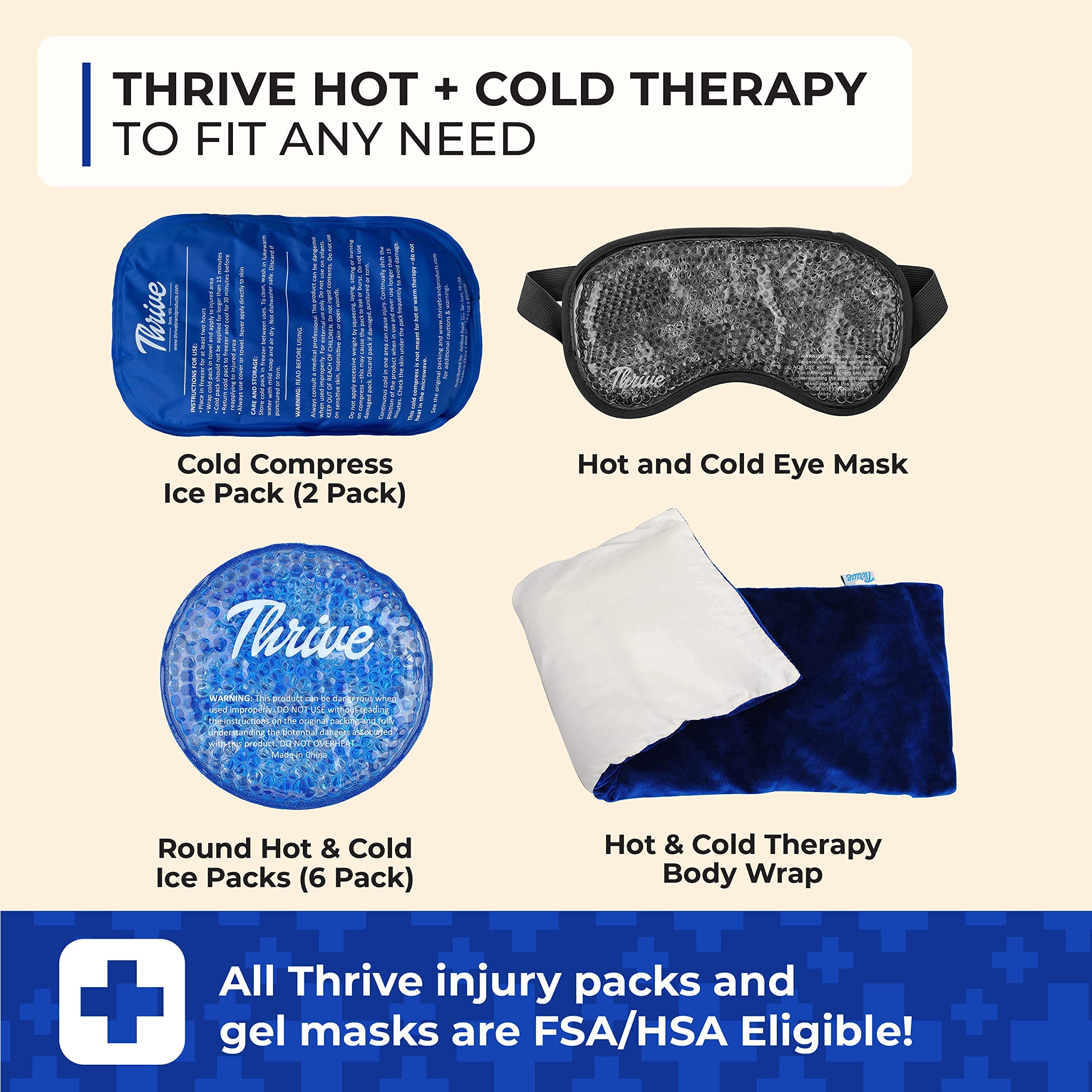 Thrive Reusable Gel Ice Pack for Injuries (2-Pack), FSA and HSA Approved, Flexible Hot and Cold Compress for Knees, Ankles, Arms, and Back