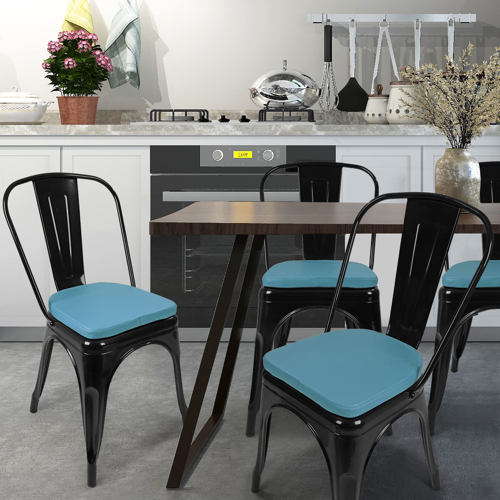 SINOSSO Modern Faux Leather 14" Metal Chair Cushion, Leathaire Magnetic Chair Pad for Dining Kitchen Cafe Bistro Stackable Chair (U-Shape, Blue, 1)