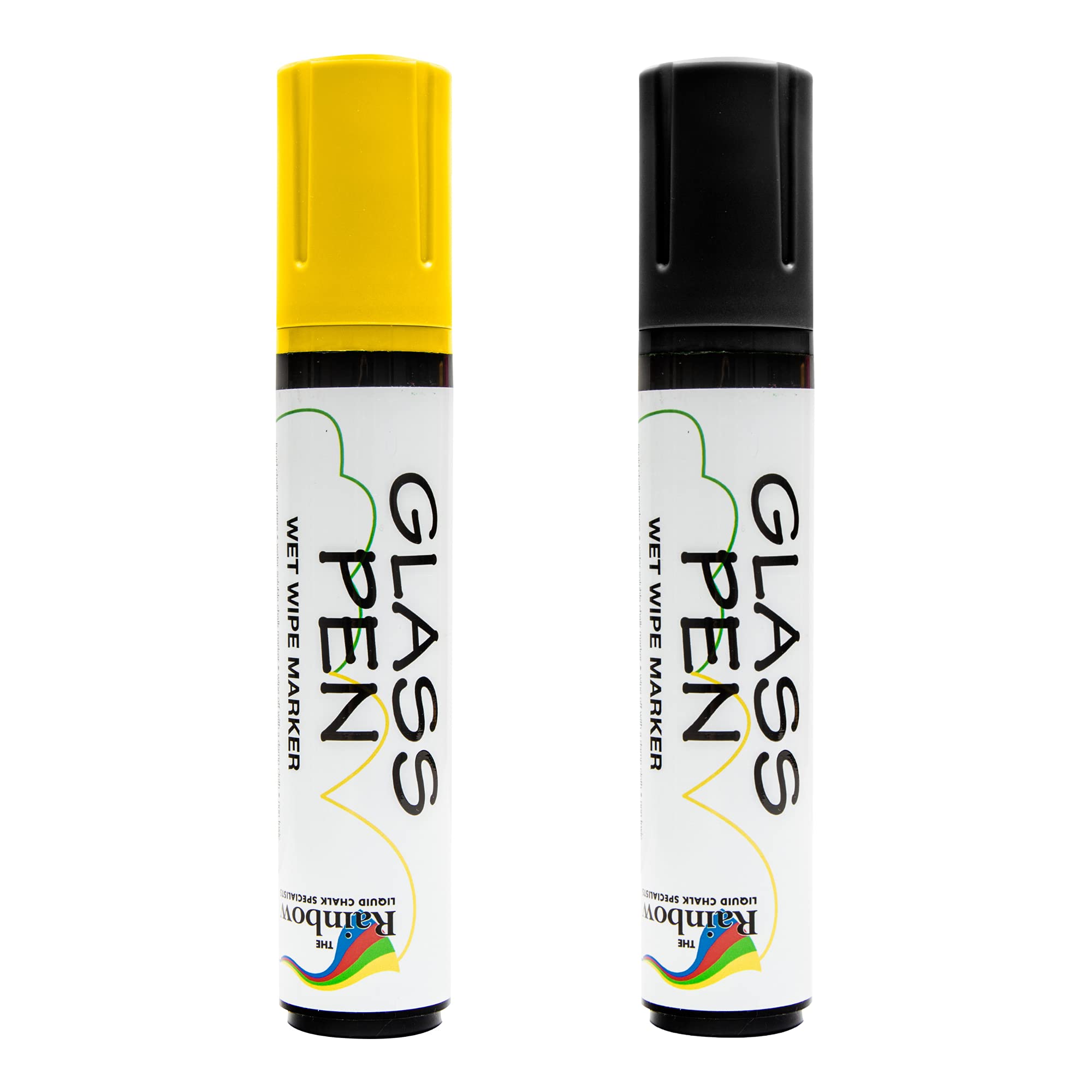 Glass Pen Liquid Paint Marker: Glass Writing Pens and Painting Markers with Washable, Erasable Ink - Windows, Mirrors, Signs, Crafts - 2 Pack, Yellow 15mm Wide and Black 15mm Wide Tip Pens