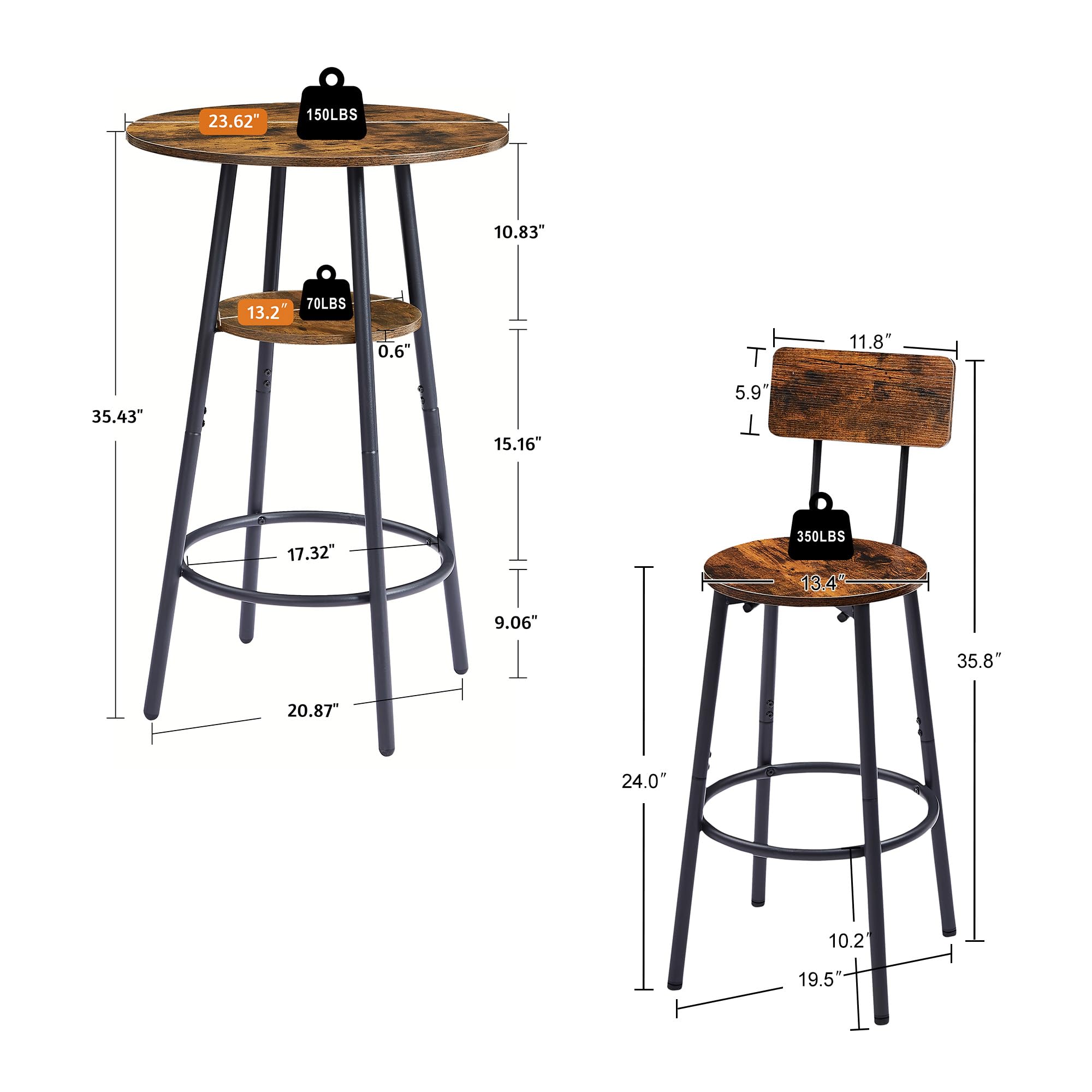 Tiokop Bistro Set of 2, Pub High Top Round Table and Chairs Upholstered Cushion, Storage Shelf and Backrest, 3-Piece Bar Stool Set for Breakfast Nook, Rustic Brown