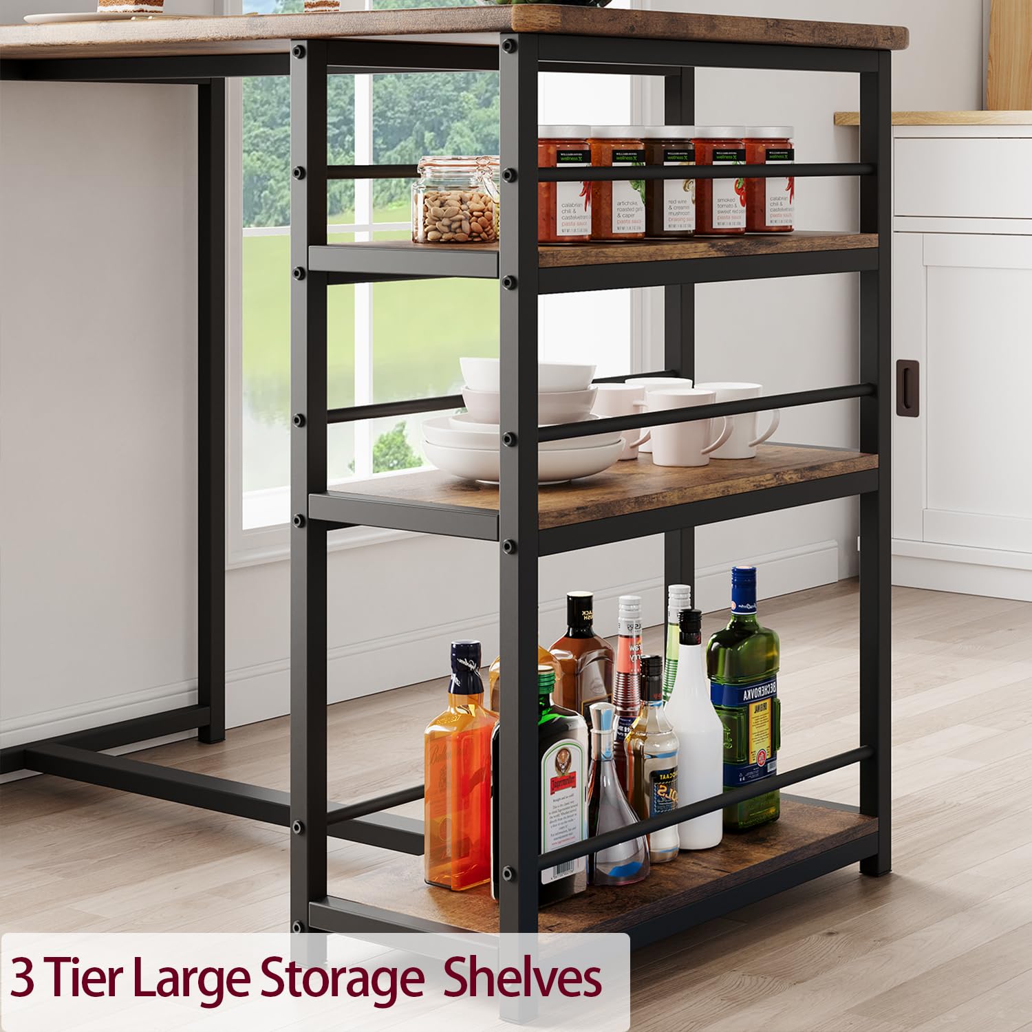 GAOMON Rustic Brown 3-Piece Counter Height Bar Kitchen Table Set with 3 Storage Shelves for Small Spaces, Apartment, Dining Table and 2 Upholstered Bar Height Chairs