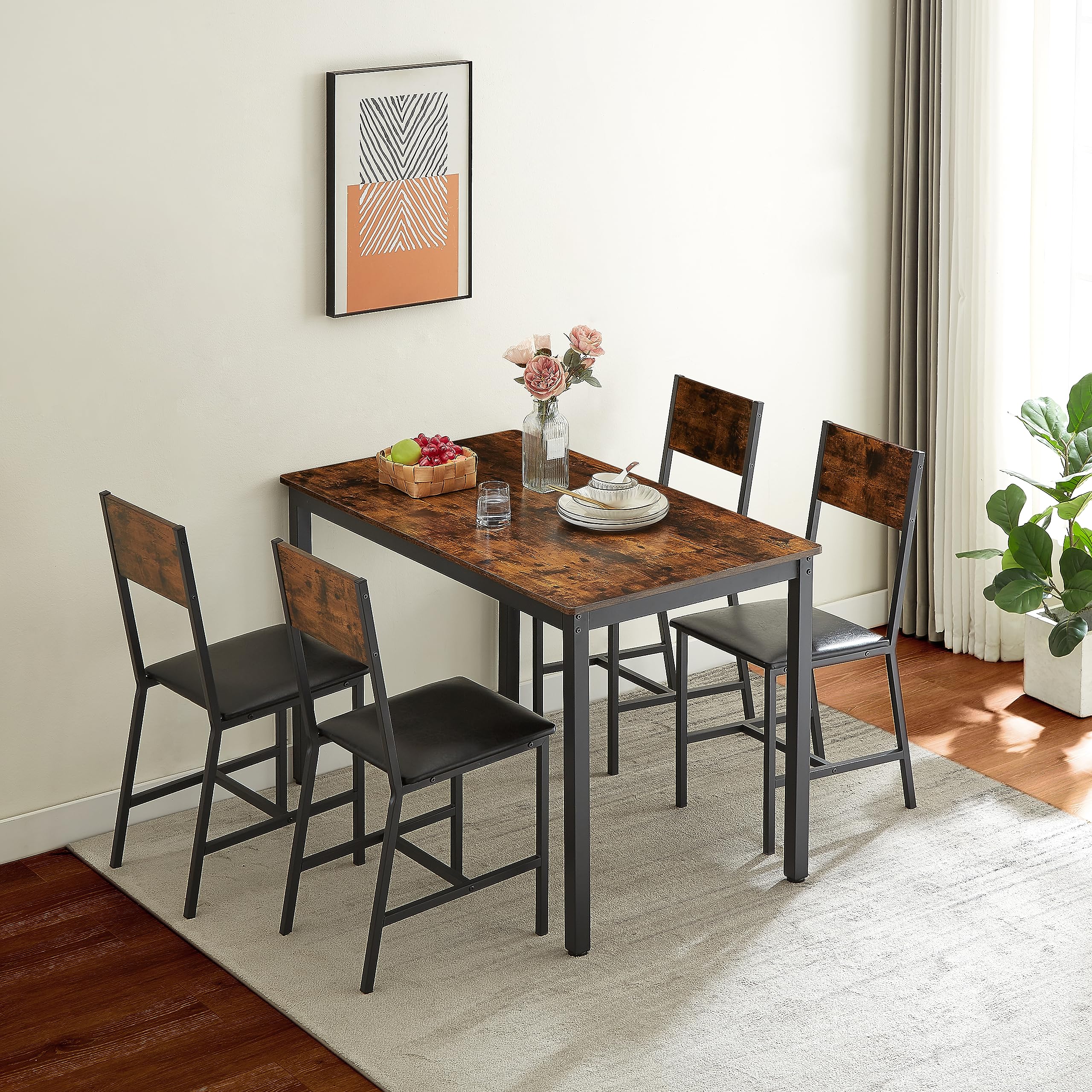 Tiokop Bistro Set of 2, Pub High Top Round Table and Chairs Upholstered Cushion, Storage Shelf and Backrest, 3-Piece Bar Stool Set for Breakfast Nook, Rustic Brown
