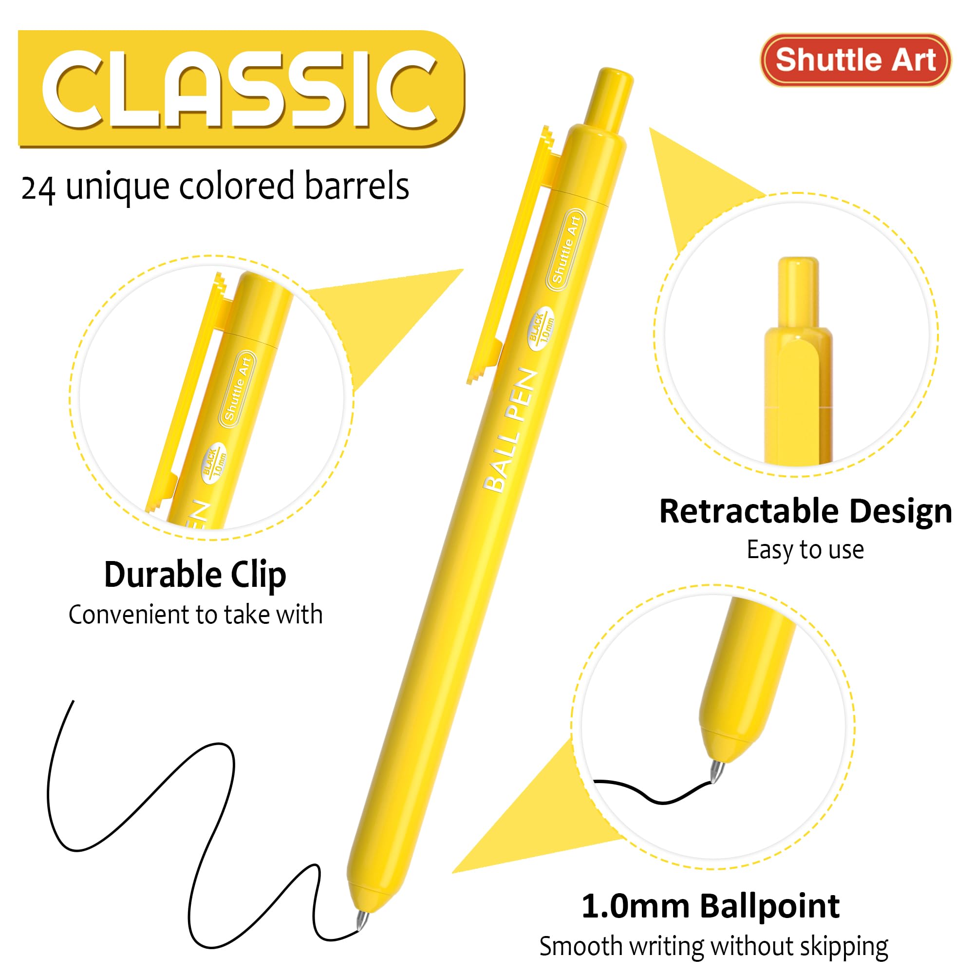 Shuttle Art Ballpoint Pens, 24 Pack Colored Retractable Black Ink Ball Point Pens, Cute Pens 1.0mm Medium Point Quick Drying for Writing Journaling Taking Notes School Office Home