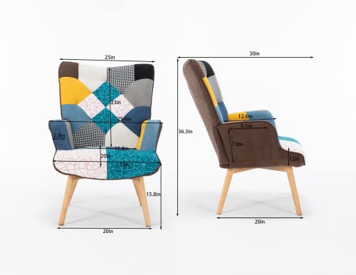 Lepfun Patchwork Solid Wood Armrest and Feet, Mid-Century Modern Accent, Fabric Sofa Chair for Living Room Bedroom Studio, Comfy Side Armchair for Bed,Antique Blue