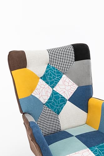 Lepfun Patchwork Solid Wood Armrest and Feet, Mid-Century Modern Accent, Fabric Sofa Chair for Living Room Bedroom Studio, Comfy Side Armchair for Bed,Antique Blue