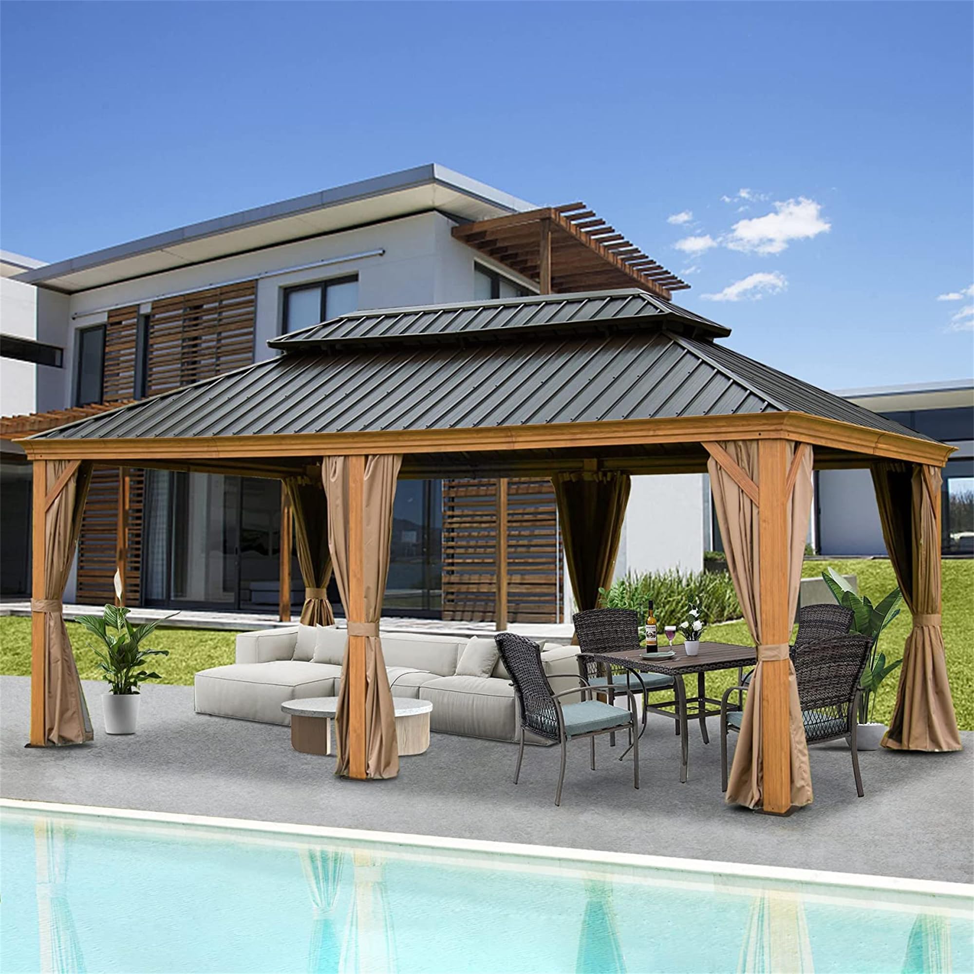UBGO Hardtop Gazebo12X18FT,Wooden Coated Aluminum Frame Canopy with Curtains and Netting,Outdoor Permanent Metal Pavilion with Galvanized Steel Double Roof (Wood-Looking),for Patio, Deck and Lawn