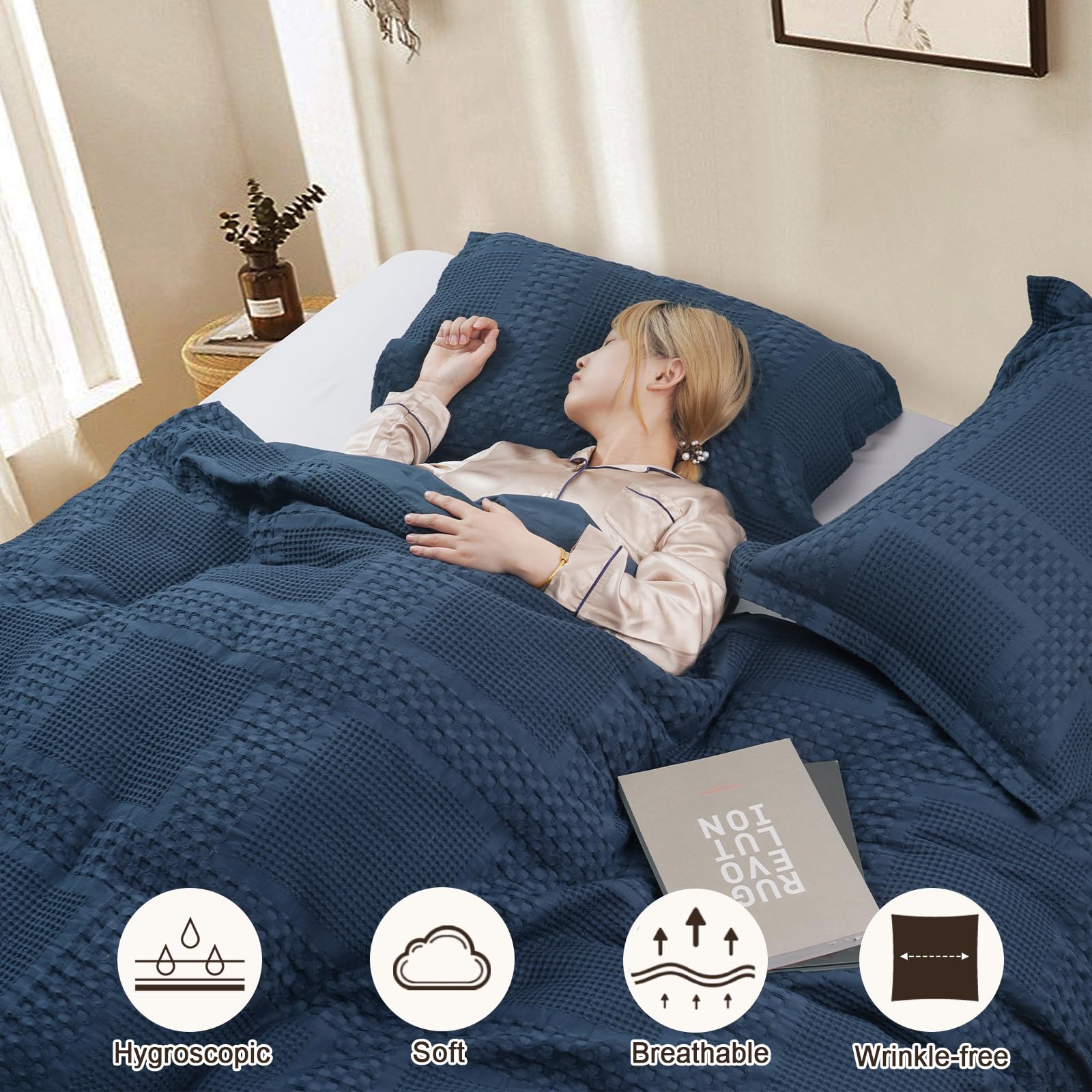PHF 100% Cotton Waffle Duvet Cover Queen Size, 3 Pieces Soft Breathable Duvet Set for All Season, Pre-Washed Decorative Textured Comforter Cover with 2 Pillow Shams, 90"x92", Navy Blue