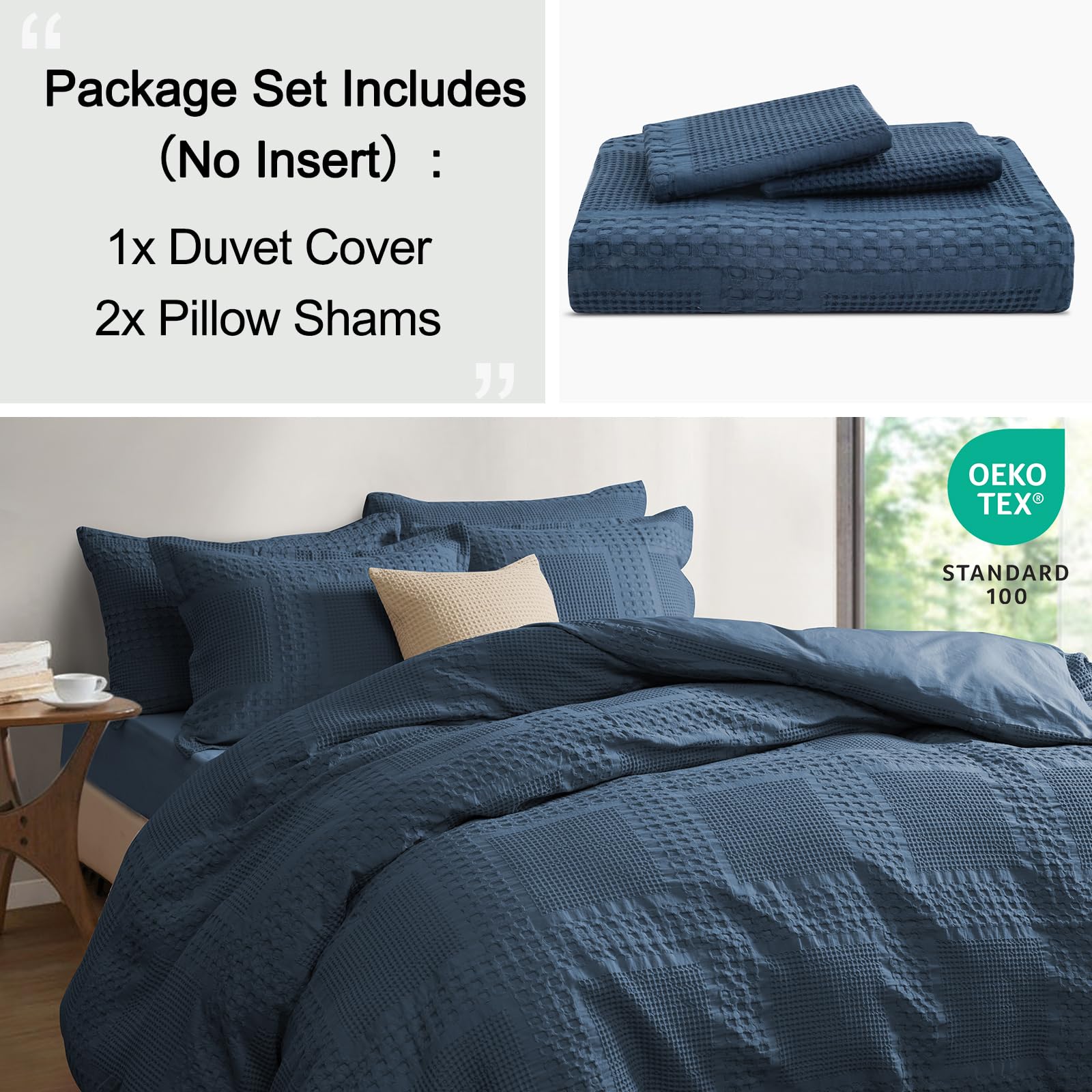 PHF 100% Cotton Waffle Duvet Cover Queen Size, 3 Pieces Soft Breathable Duvet Set for All Season, Pre-Washed Decorative Textured Comforter Cover with 2 Pillow Shams, 90"x92", Navy Blue